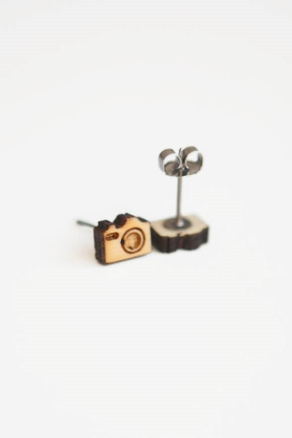 Wood Earrings - Tiny Cameras - Salt + Sirena